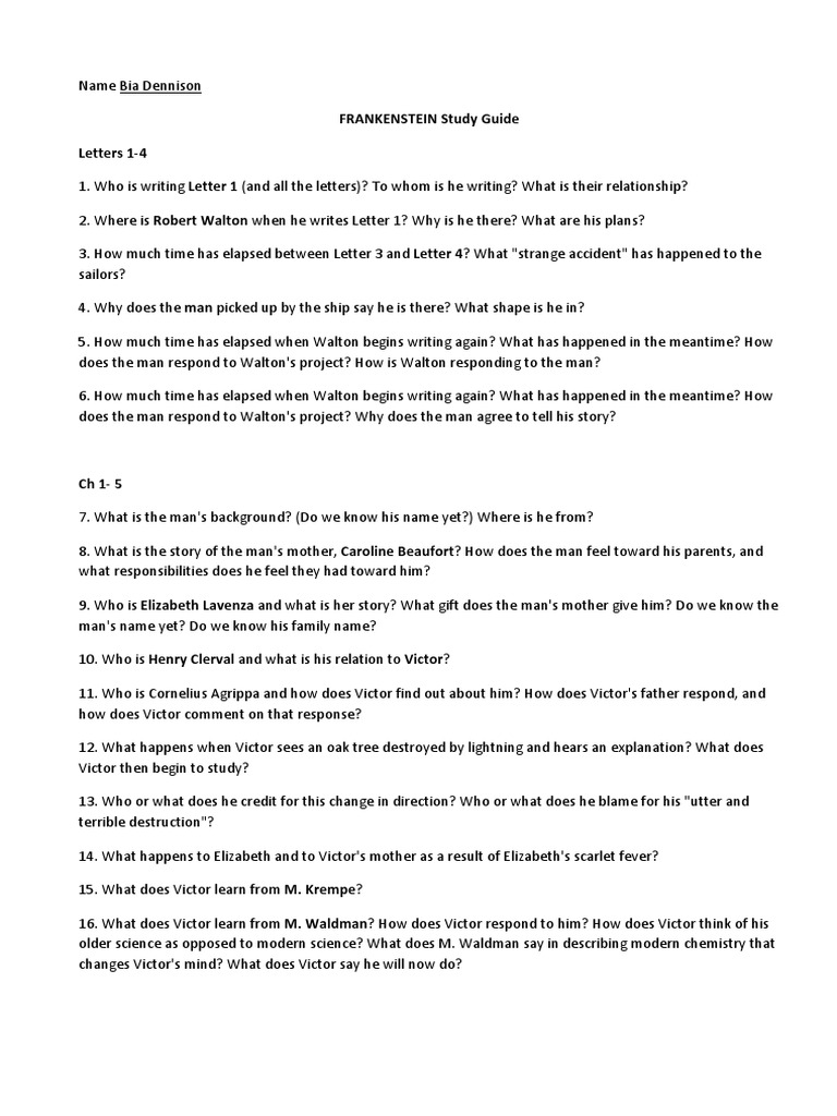 FRANKENSTEIN Study Guide (Edited) | PDF | Frankenstein | Novels