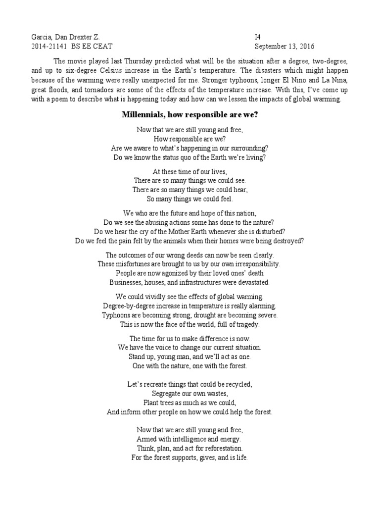 Poem Regarding Increasing Earth Temperature Due To Global Warming | PDF ...