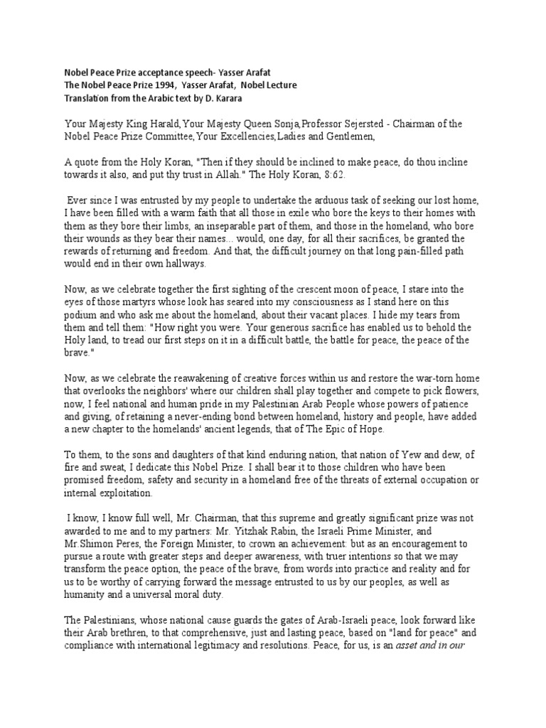 Nobel Peace Prize Acceptance Speech - Yasser Arafat | PDF | Israeli ...