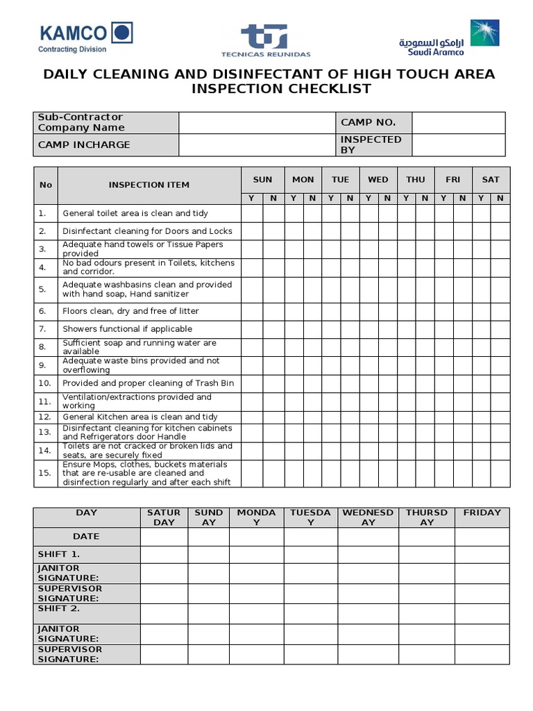 Daily Cleaning and Disinfectant of High Touch Area Inspection Checklist ...