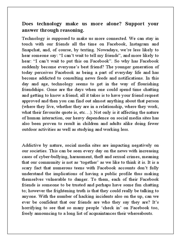 Does Technology Make Us More Alone | PDF | Facebook | Cyberbullying