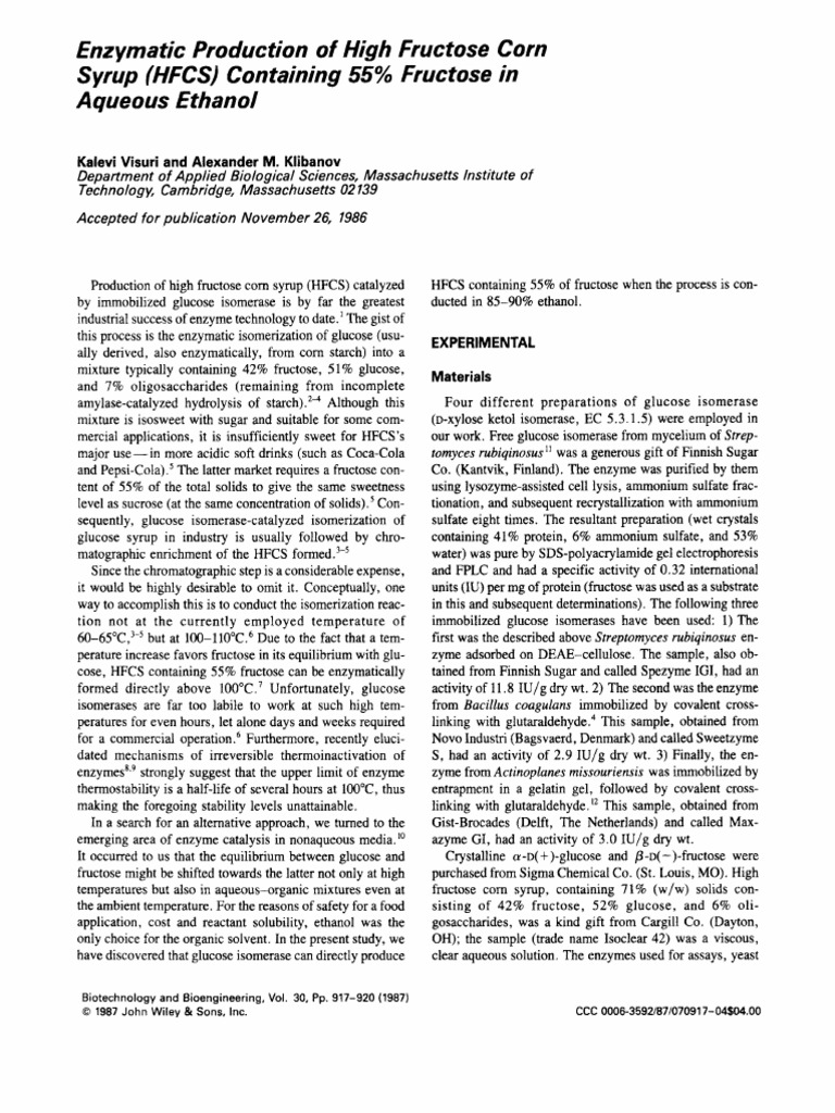 Enzymaic Production of HFCS Containing 55% Fructose in Aqueous Ethanol ...