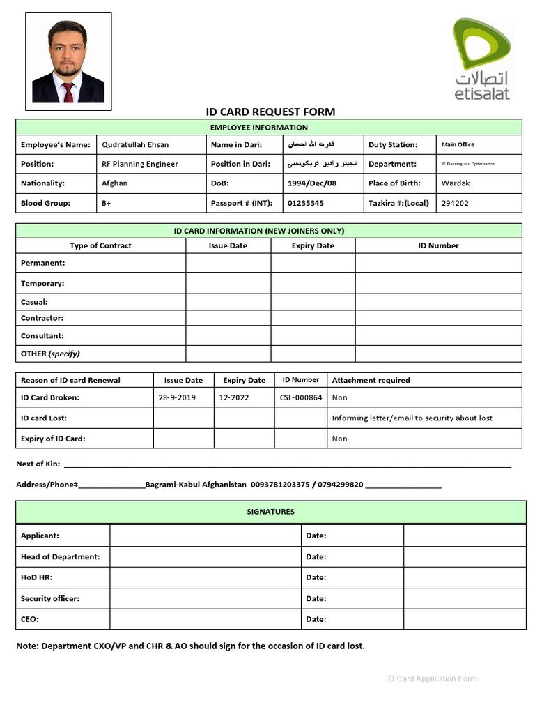 Id Card Request Form: Qudratullah Ehsan RF Planning Engineer Afghan ...