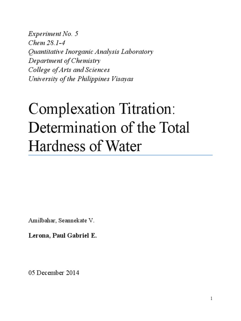Complexation Titration: Determination of The Total Hardness of Water ...