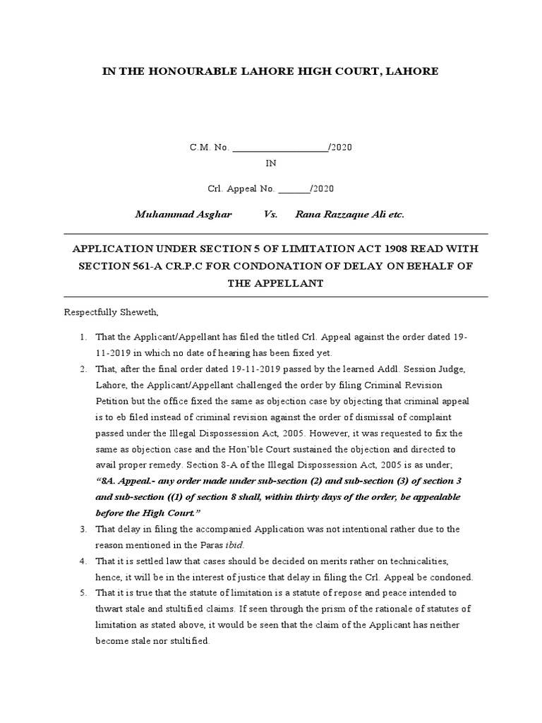 Application For Condonation of Delay | PDF | Appeal | Complaint