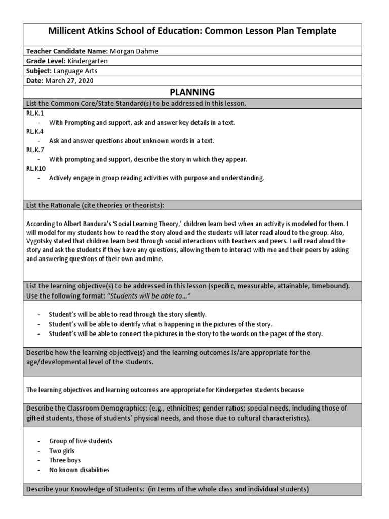 Kindergarten Language Arts Lesson Plan | PDF | Classroom Management ...