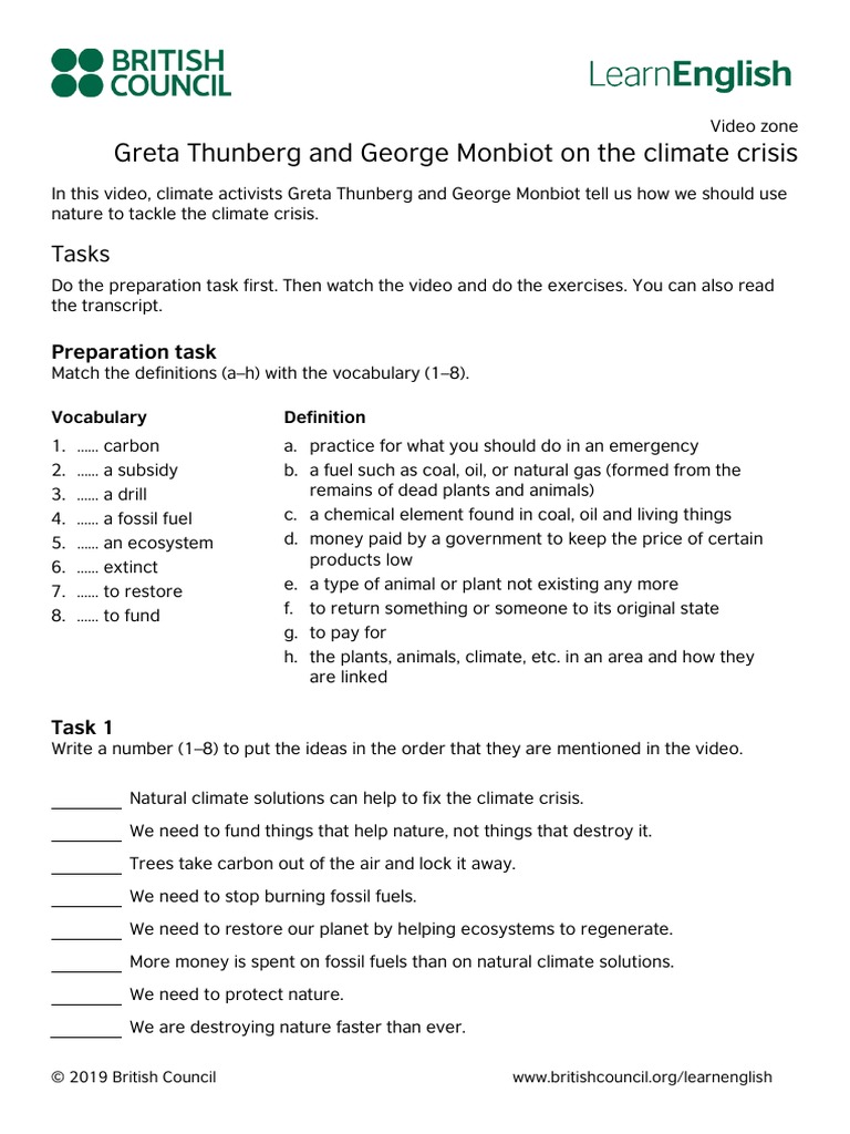 Greta Thunberg and George Monbiot On The Climate Crisis: Tasks | PDF ...