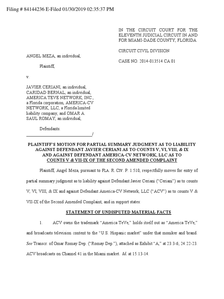 Angel Meza Motion For Partial Summary Judgment W. Exhibits | PDF ...
