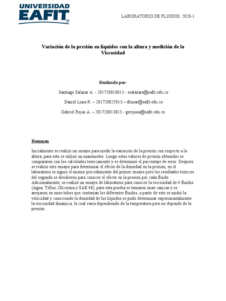Ensayo de Presion y Viscosidad | PDF | Viscosidad | Líquidos Ensayo de Presion y Viscosidad | PDF | Viscosidad | Líquidos