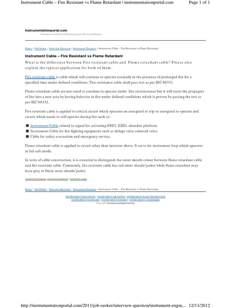Diff Between Fire Resistant and Flame Retardant Cables | PDF ...