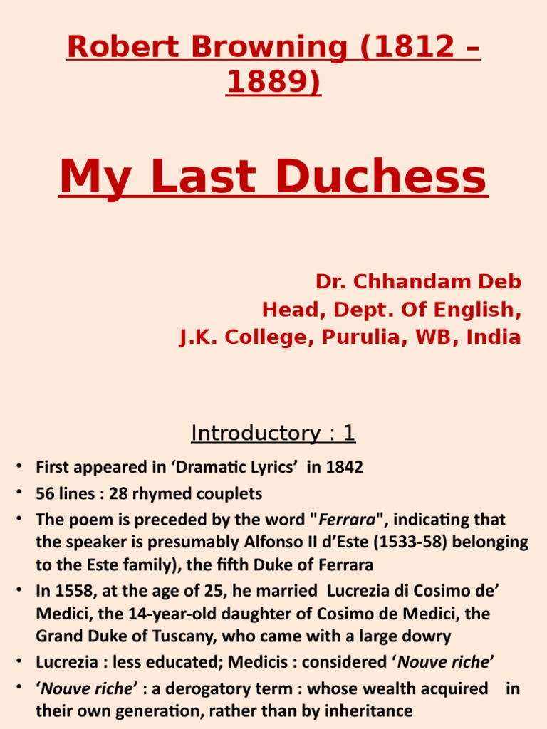 My Last Duchess: An Analysis of Robert Browning's Dramatic Monologue | PDF