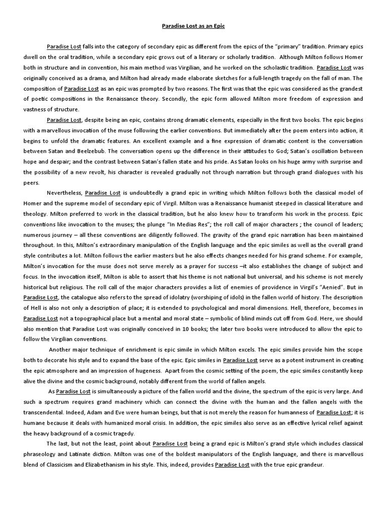 Paradise Lost As An Epic | PDF | Paradise Lost | Hell