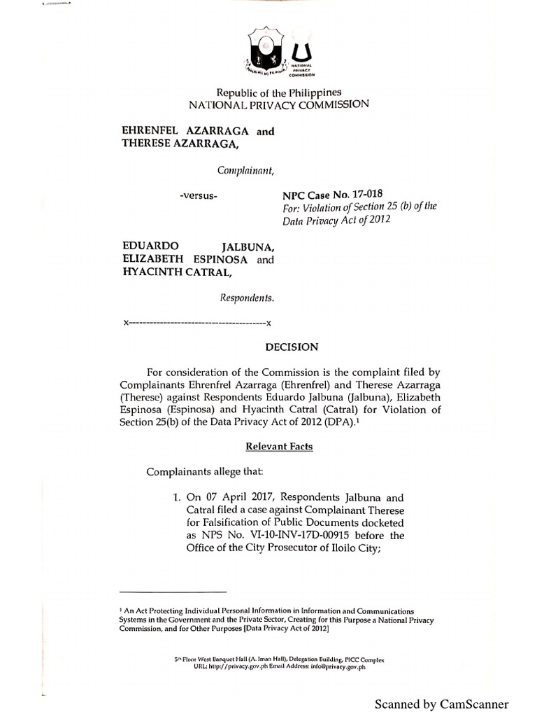 NPC Case 17-018 Viol Sec 25b Dpa PDF | PDF