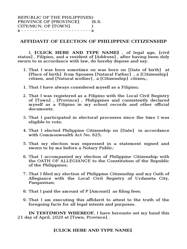 Affidavit of Election of Philippine Citizenship: IN TESTIMONY WHEREOF ...