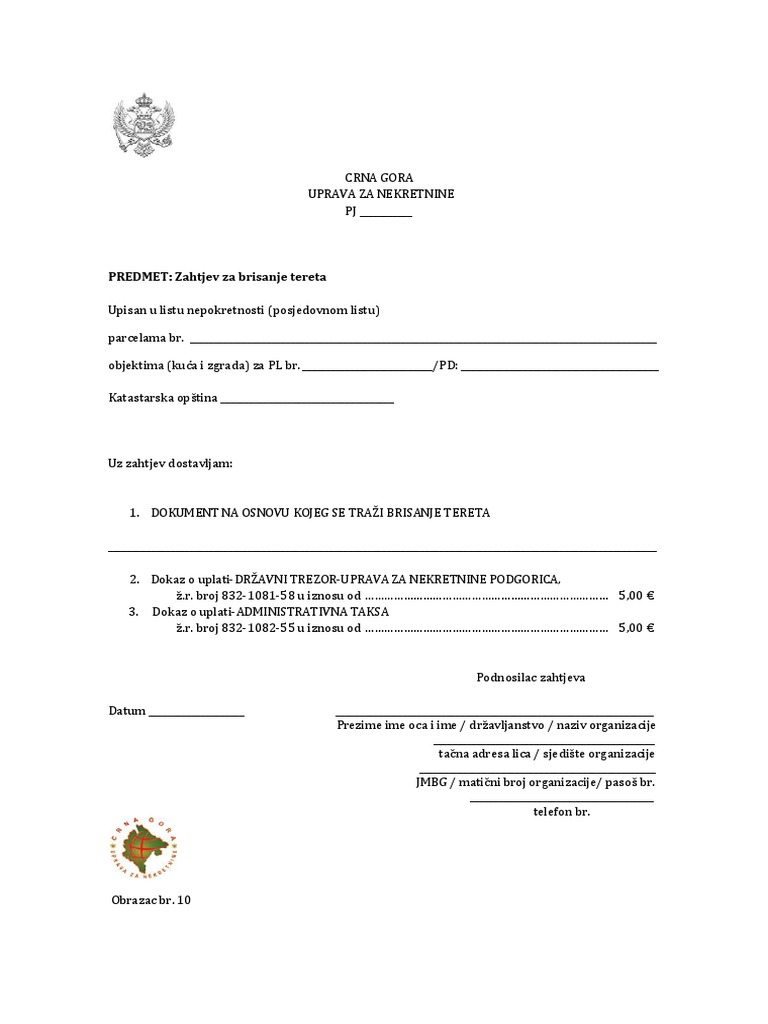 WWW - Asistent.me:dw:obrasci:zahtjev Za Brisanje Tereta | PDF