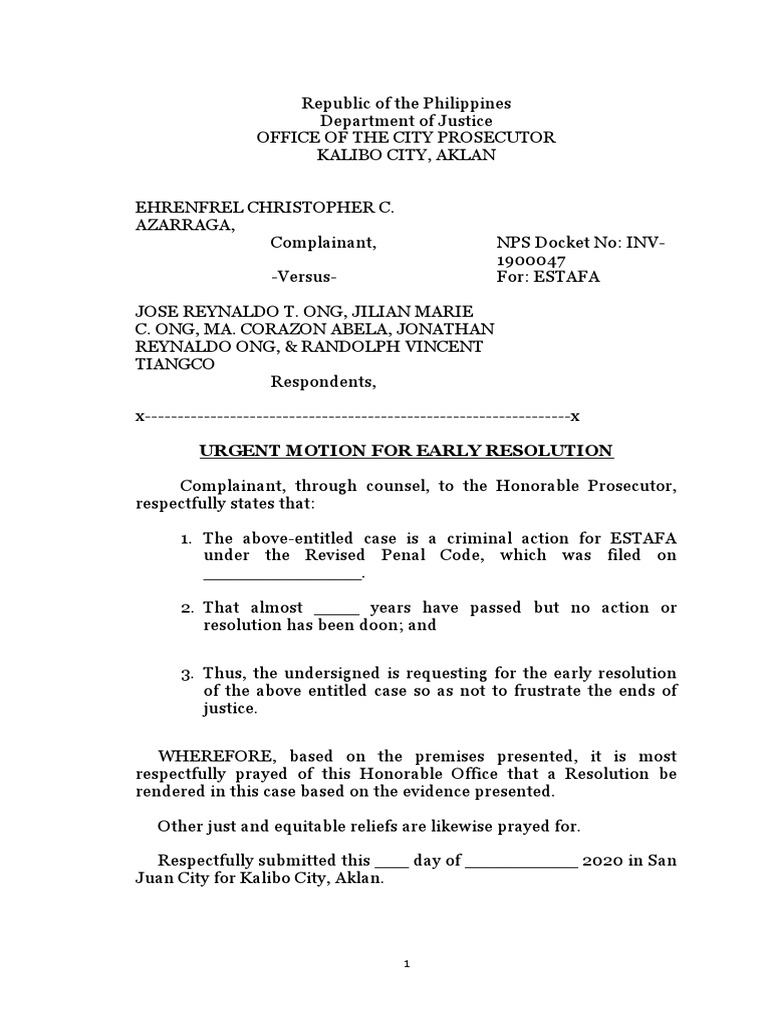 Motion For Early Resolution Kalibo Case | PDF | Crime & Violence ...
