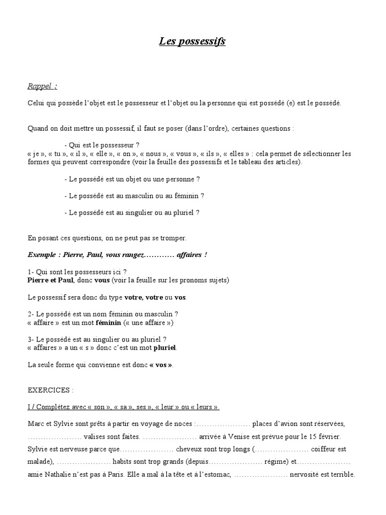 Les Adjectifs Possessifs Exercices | PDF | Genre grammatical | Nombre ...