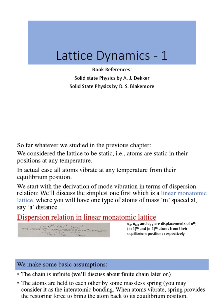 Lattice Dynamics - 1: Book References: Solid State Physics by A. J ...