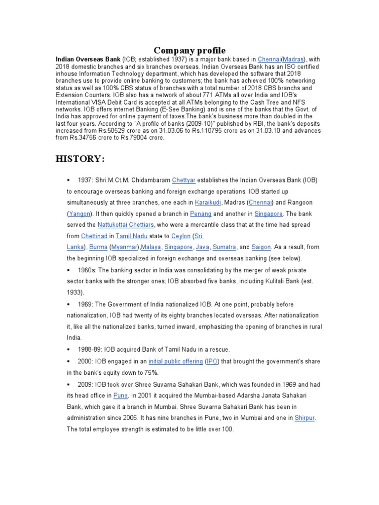 Indian Overseas Bank Company Profile | PDF | Banking | Economy Of India