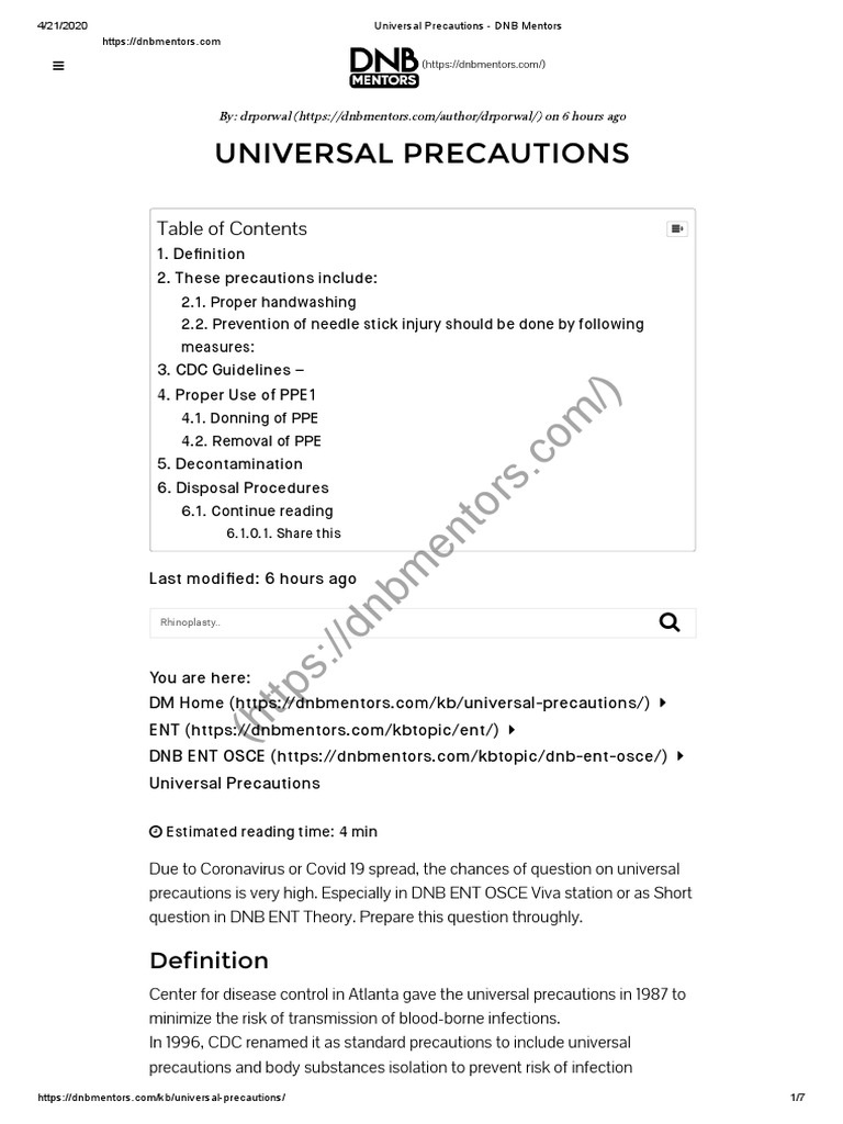 Universal Precautions DNB ENT Theory and OSCE Viva Station | PDF ...