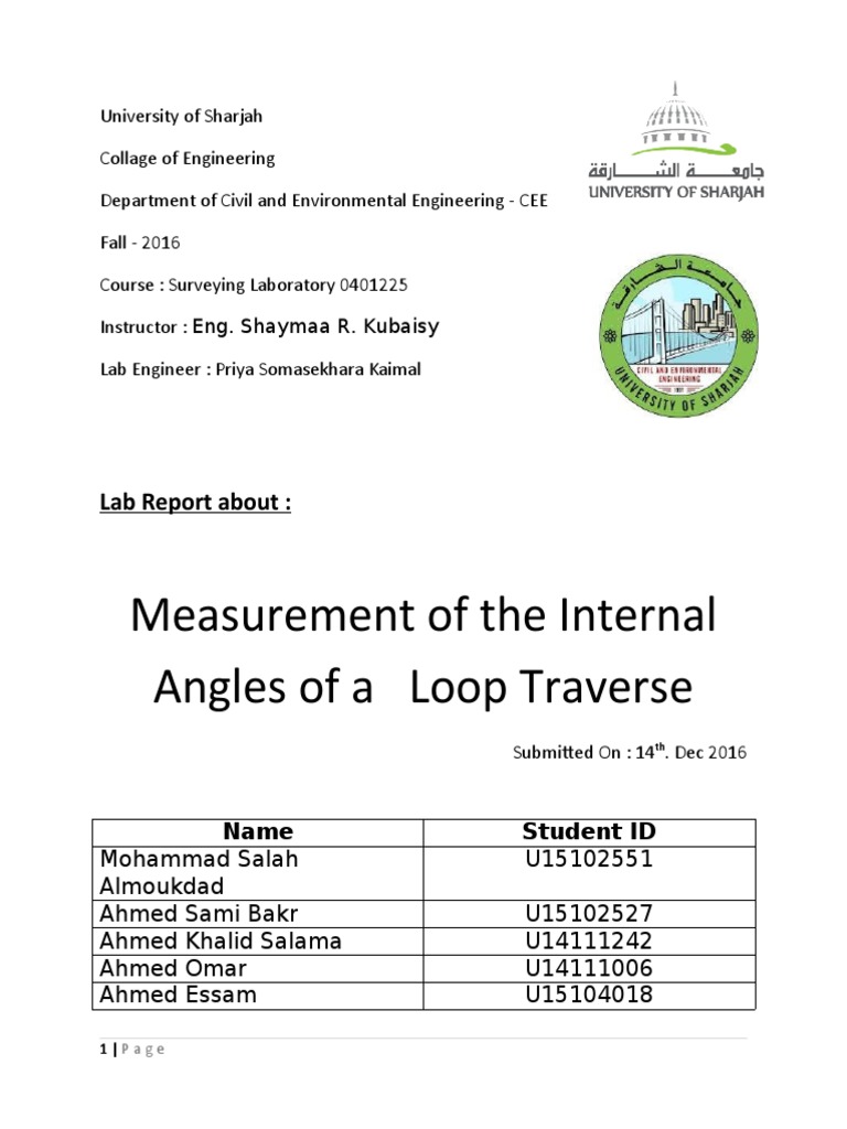 Measurement of The Internal Angles of A Loop Traverse: Lab Report About ...