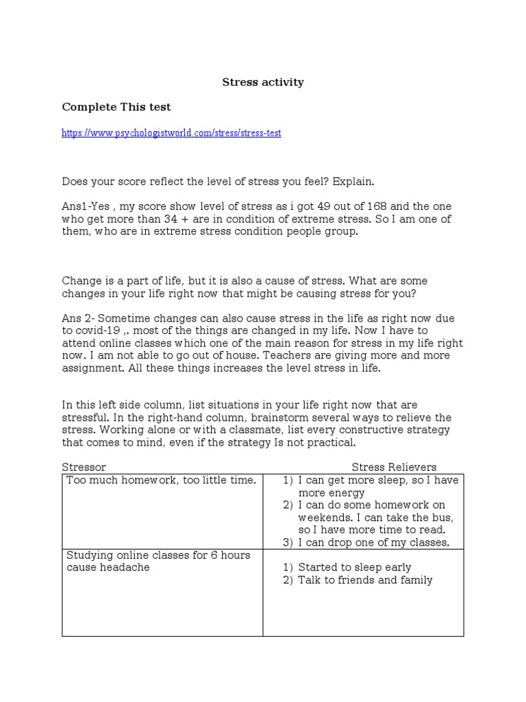 Stress Activity Complete This Test | PDF | Stress (Biology ...