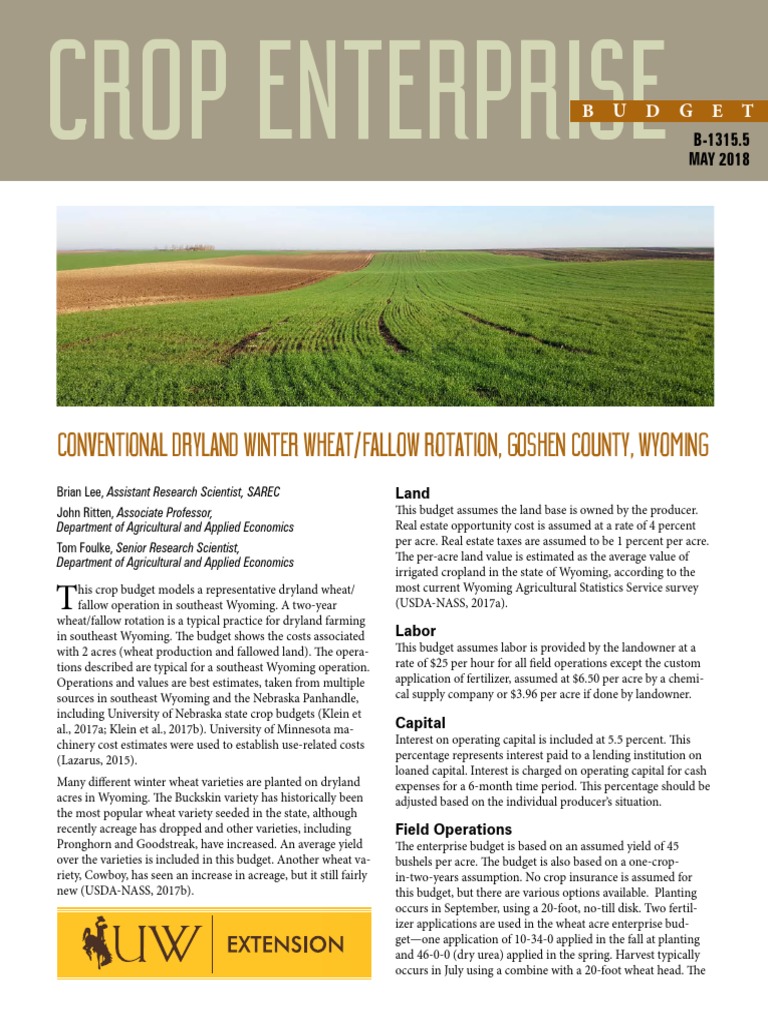 Crop Enterprise Budget. Conventional Dryland Winter Wheat-Fallow ...
