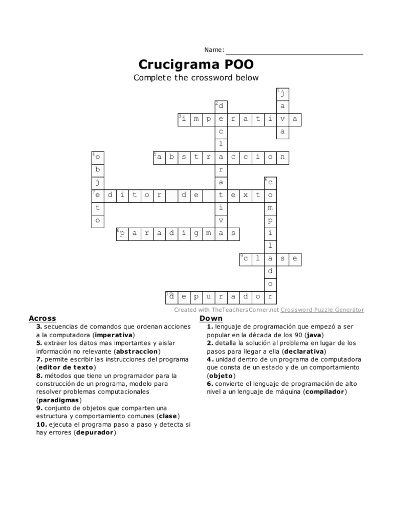 Crucigrama POO | Lenguaje de programación | Programa de computadora