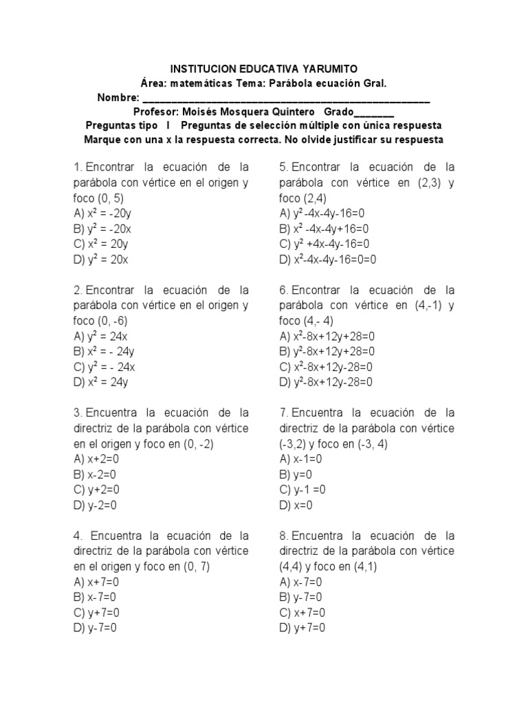 Parábola Opción Múltiple Tipo Saber 2 | PDF