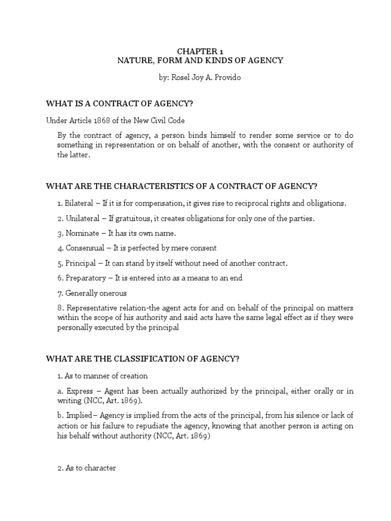 Law On Agency Handout Pdf Law Of Agency Indemnity