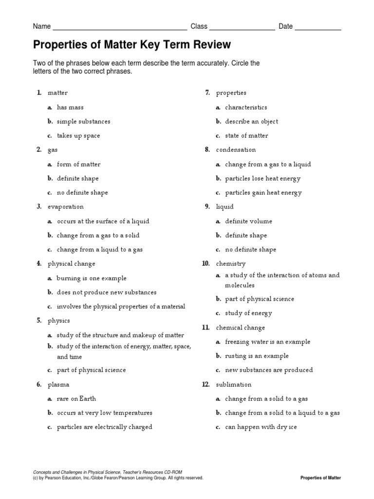 Properties of Matter Key Term Review | PDF | Matter | Gases