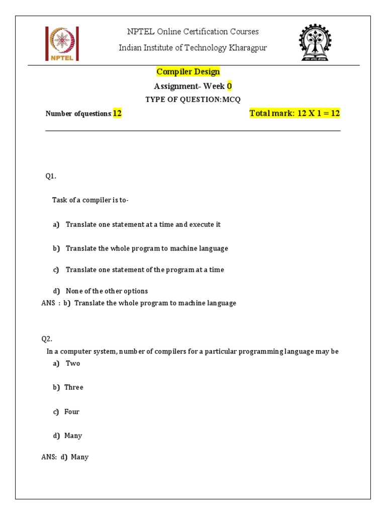 Compiler Design Assignment-Week 0 12 Total Mark: 12 X 1 12 | PDF | Computer Program | Programming