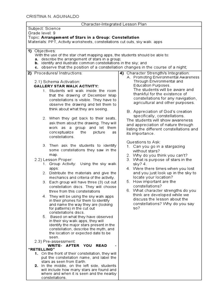 Character Integrated Lesson Plan Science 9 | PDF | Constellation | Lesson Plan