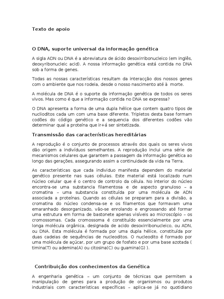 A molécula do DNA como suporte da informação genética e suas aplicações ...