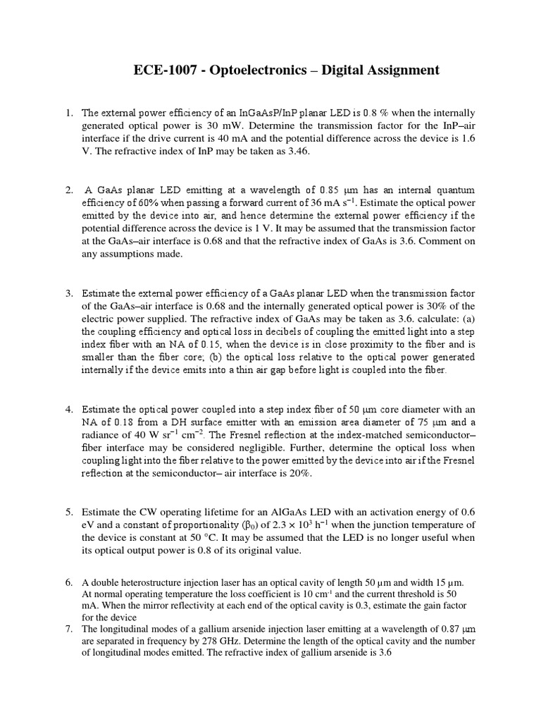 ECE-1007 - Optoelectronics - Digital Assignment | PDF | Laser Diode | Laser
