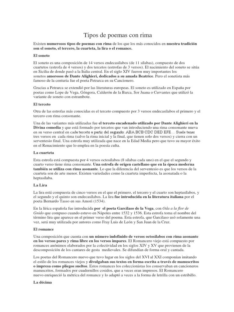 Tipos de poemas con rima explicados | PDF | Sonetos | Formas narrativas