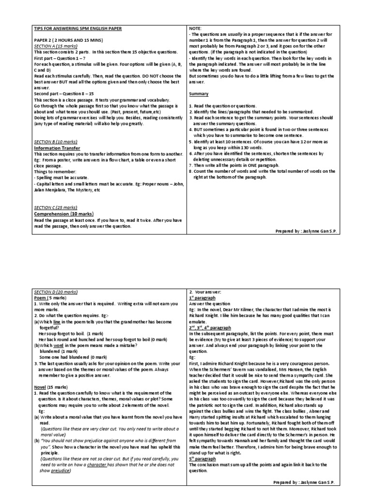 Tips for SPM English Paper 1 | PDF | Essays | Question
