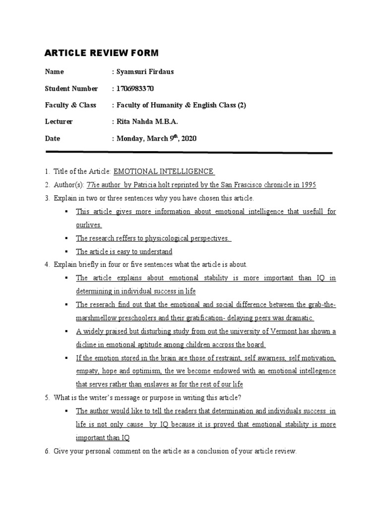 Article Review Form | PDF | Emotional Intelligence | Intelligence Quotient