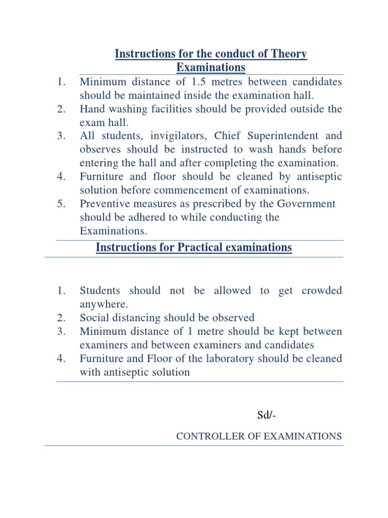 Special Instructions For Conduct of Examination