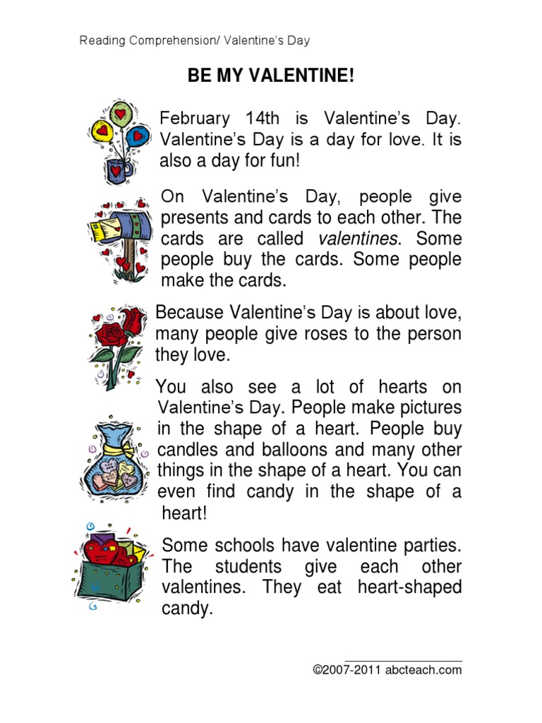 Be My Valentine!: Reading Comprehension/ Valentine's Day | PDF ...