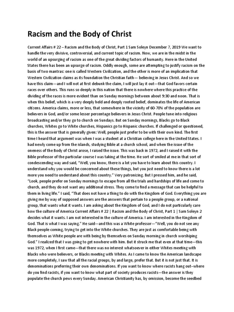 Racism and The Body of Christ | PDF | God The Father | Christian Church