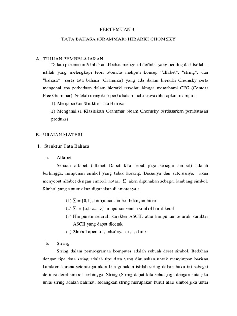Pertemuan 3 Tata Bahasa (Grammar) Hirarki Chomsky | PDF