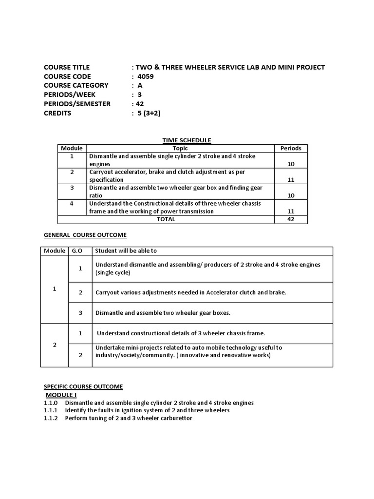 Course Title: Two & Three Wheeler Service Lab and Mini Project Course ...