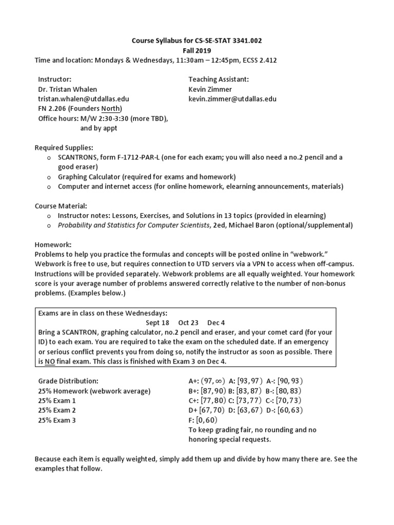 2019 FALL CS 3341 Syllabus 002 | PDF | Confidence Interval | Regression Analysis