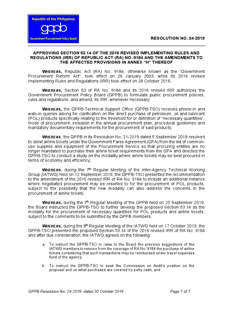 GPPB Resolution No. 24-2019 PDF | PDF | Procurement | Airlines