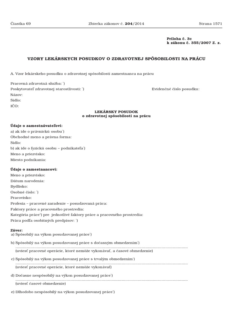 Vzory Lekárskych Posudkov O Zdravotnej Spôsobilosti Na Prácu | PDF