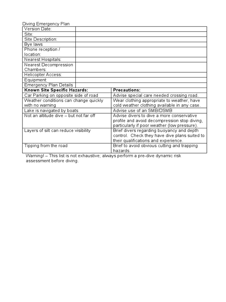 Dive Site Emergency Plan | PDF | History