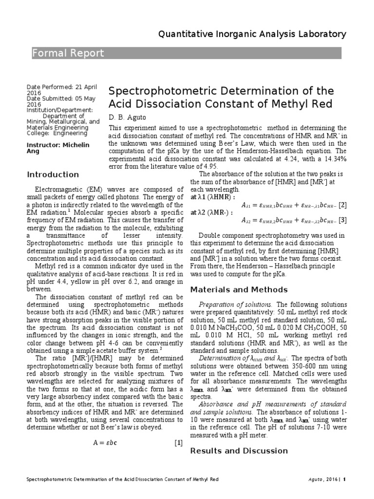 Spectrophotometric Determination Of The Pdf Spectrophotometry Acid Dissociation Constant