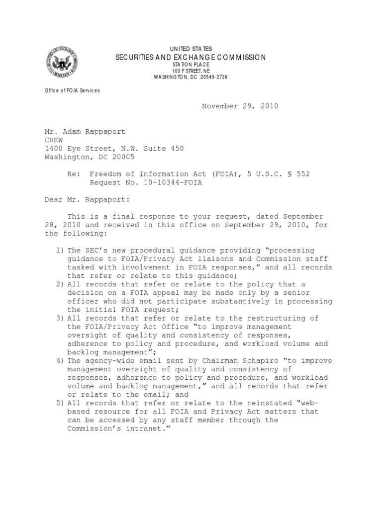 SEC FOIA Request Response Summary | PDF | Freedom Of Information Act ...