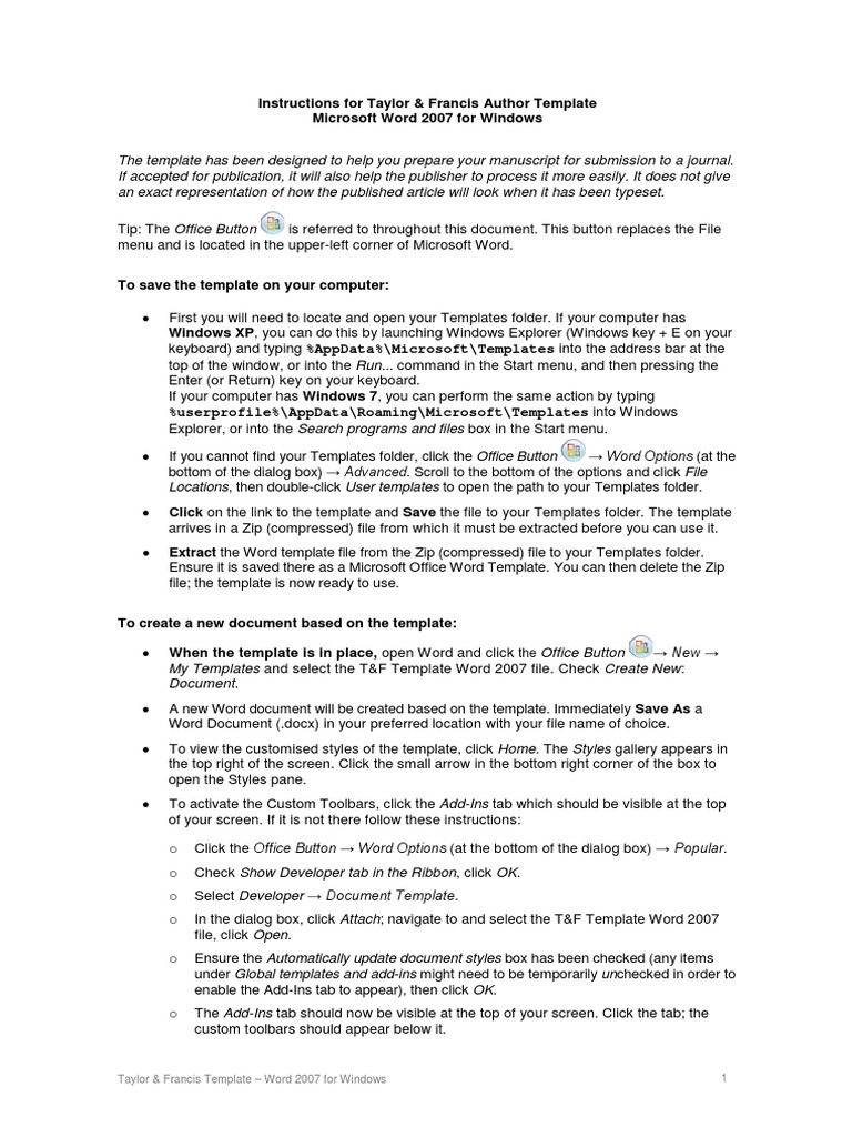 Taylor & Francis Word 2007 Template Guide | PDF | Software | System ...